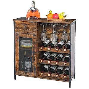 3-Tier Wine Bar Cabinet with Detachable Wine Rack and Drawer, Industrial Sideboard and Buffet Cabinet with Glass Holder, Coffee Bar Cabinet with mesh Door for Home & Kitchen, Rustic Brown
