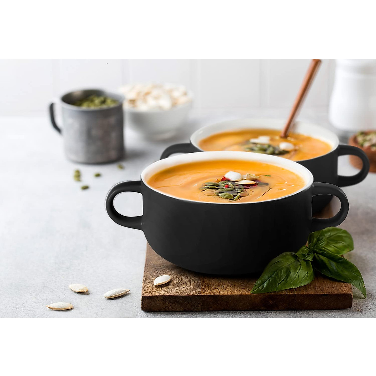 Kook Soup Crocks, Ceramic Bowls, Broil, Oven, Microwave and Dishwasher Safe, with Handles, For Casserole, Pasta, Cereal, 18 oz, Set of 4 (Black)