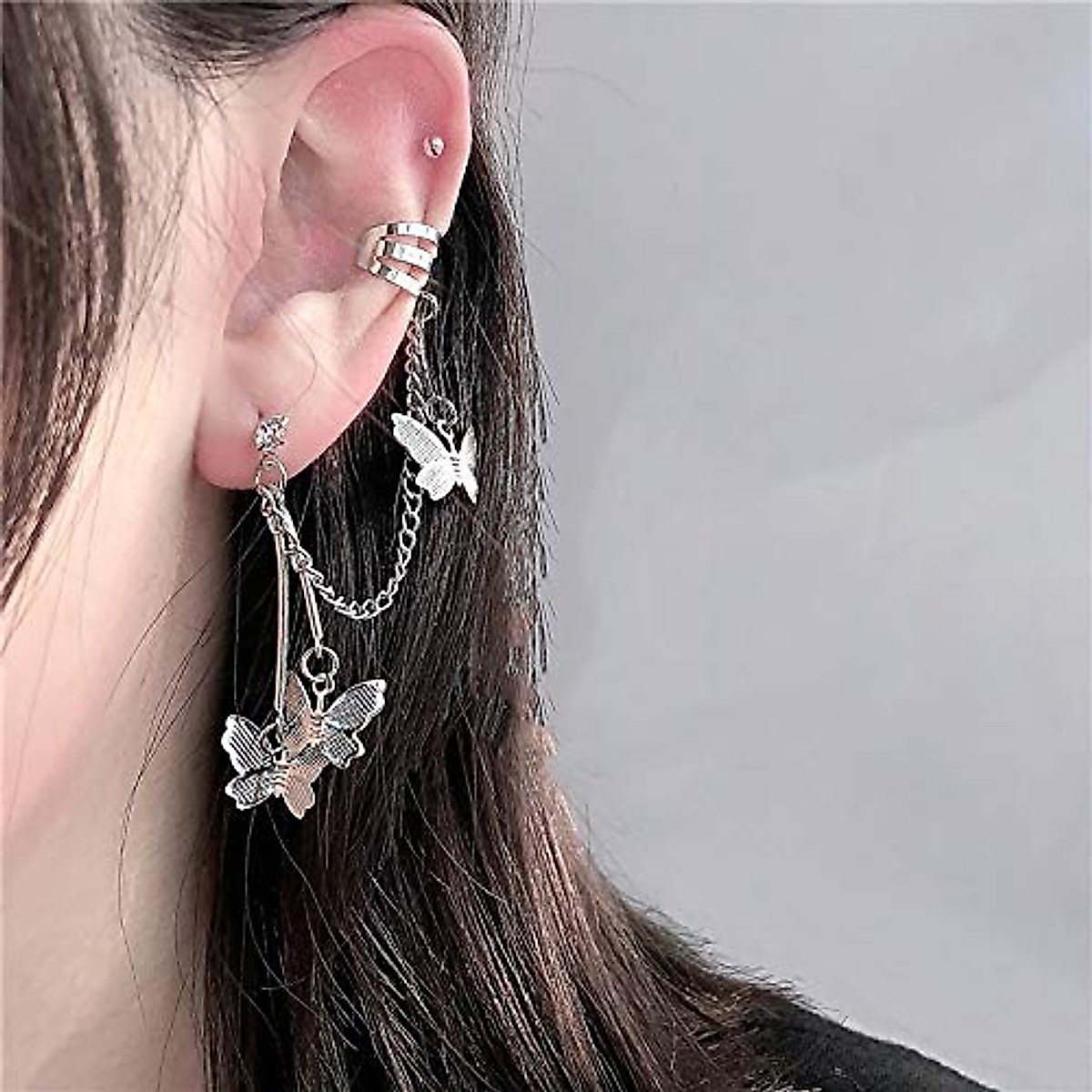 INENIMARTJ Butterfly Cuff Chain Earrings for Women, Tassel Ear Cuffs, 40mm Stud Earrings, Nickel-Free Alloy, Corrosion-Resistant, Lightweight