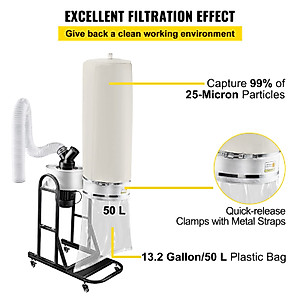 VEVOR 1.5 HP Dust Collector, 647 CFM Portable Vortex Dust Collector, Woodworking Dust Collector with 13.2-Gallon Collection Bag and Mobile Base, 220V Dust Collection System 25-Micron Canister Kit