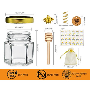 DnayDkiy 60-Count Mini Hexagonal Glass Honey Jars with Dippers - Perfect Party Favors for Baby Showers - Includes Gold Bee Charms, Thank You Cards, Stickers, Gift Bags, and Silk Ribbon
