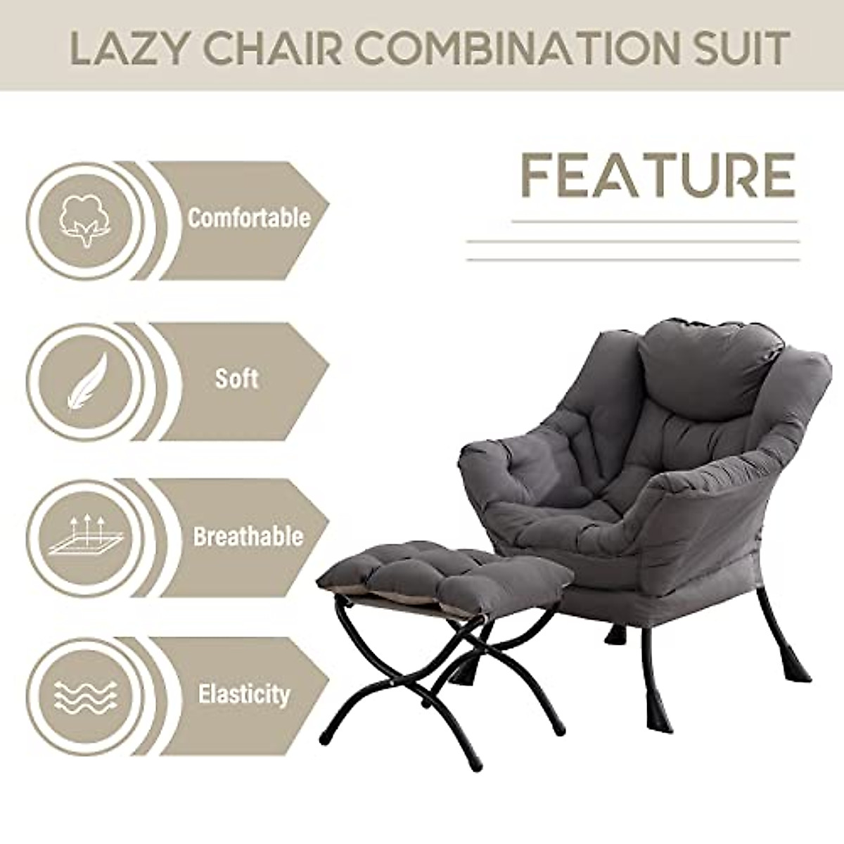 LITA Modern Lazy Chair with Ottoman, Accent Contemporary Lounge Chair Single Leisure Upholstered Sofa Chair Set with Armrests and a Side Pocket, Reading Chair for Living Room & Bedroom, Dark Grey
