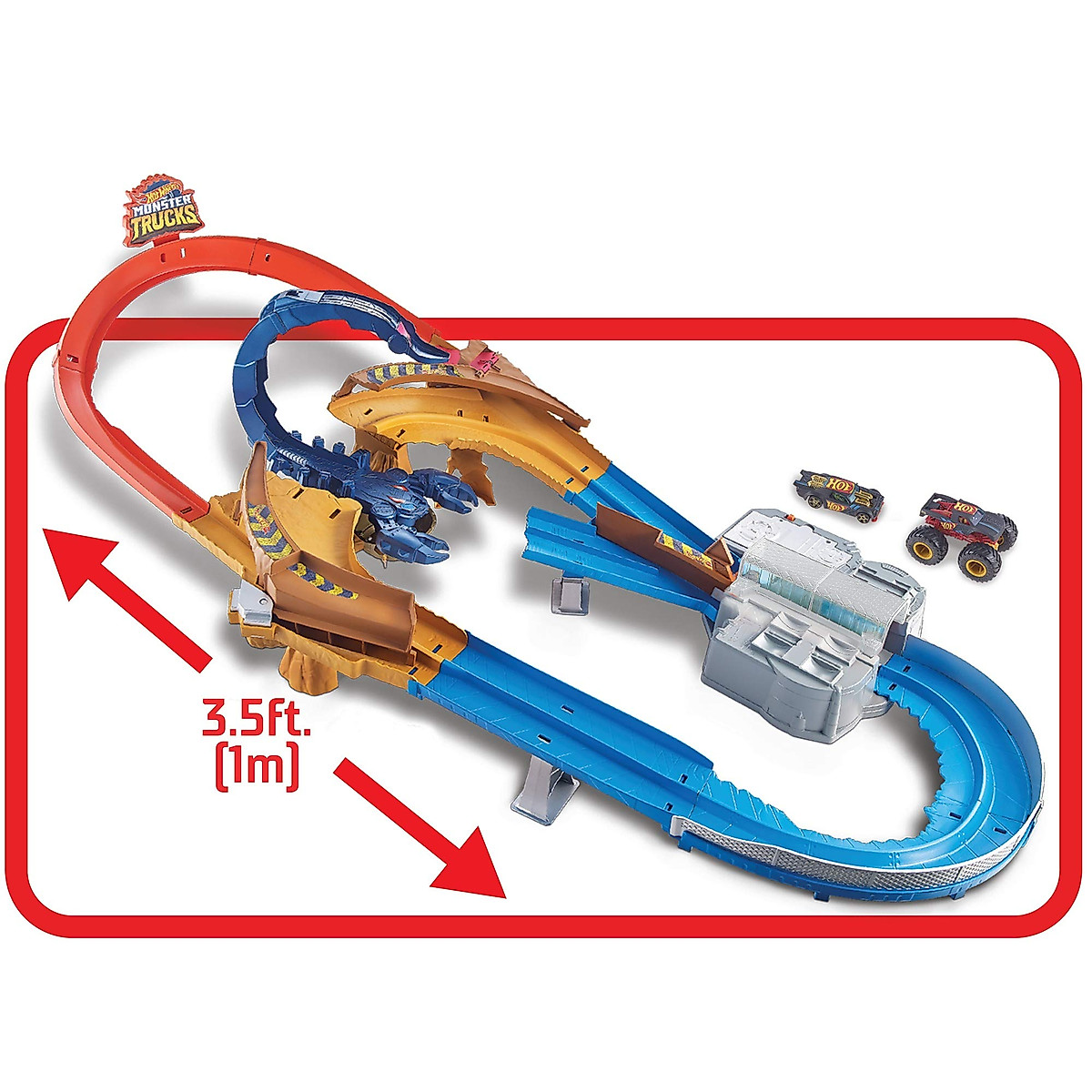 Hot Wheels Monster Trucks Scorpion Sting Raceway 3.5 feet Motorized Track Set with Giant Scorpion, 1:16 scale Monster Truck Podium Crasher & 1 Hot Wheels 1:64 Scale Night Shifter Model