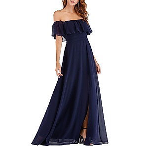 Ever-Pretty Women's Elegant Off The Shoulder Side Split High Waist Flowy Chiffon Maxi Bridesmaid Dress Navy US12