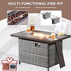 XIZZI Patio Furniture with Swivel Rocking Chairs,10 PCS Outdoor Sectional Sofa with 42" 50000 BTU Propane Fire Pit Table and Side Table,All Weather PE Rattan Outside Conversation Set (Beige)