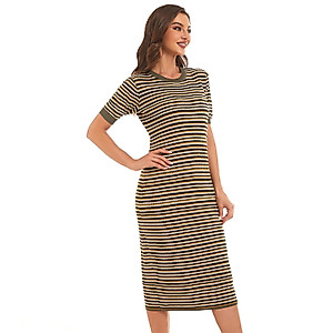 togputel Women's Short Sleeve Striped Knit Midi Dress Casual Comfortable Everyday Wear Flow Fit Brown Stripe,L