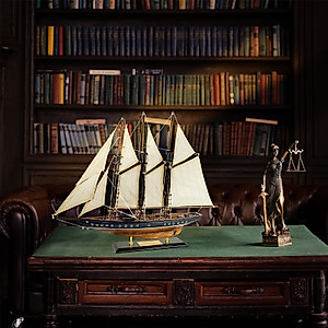 SAILINGSTORY Wooden Sailboat Model Ship Sailboat Decor 24" Schooner Atlantic 1:60 Scale Replica Blue and Walnut Antique Finish