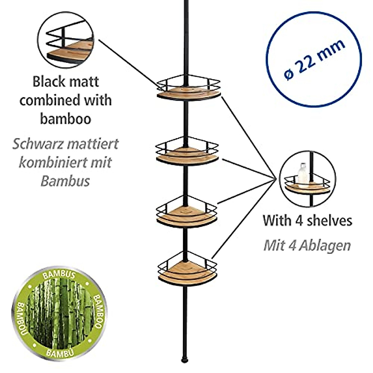 WENKO Dolcedo Corner Bamboo and Stainless Steel Telescopic Bathroom Shower Shelf Height Adjustable with 4 Shelves, Black/Natural, 31 x 65-275 x 23 cm