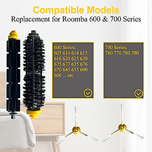 Replacement Brushes Parts Compatible with iRobot Roomba 600 & 700 Series 614 630 635 640 645 650 660 675 680 690 695 760 770 780 Robot Vacuum Cleaner, 2 Sets Bristle & Beater Brush + 2 Side Brush