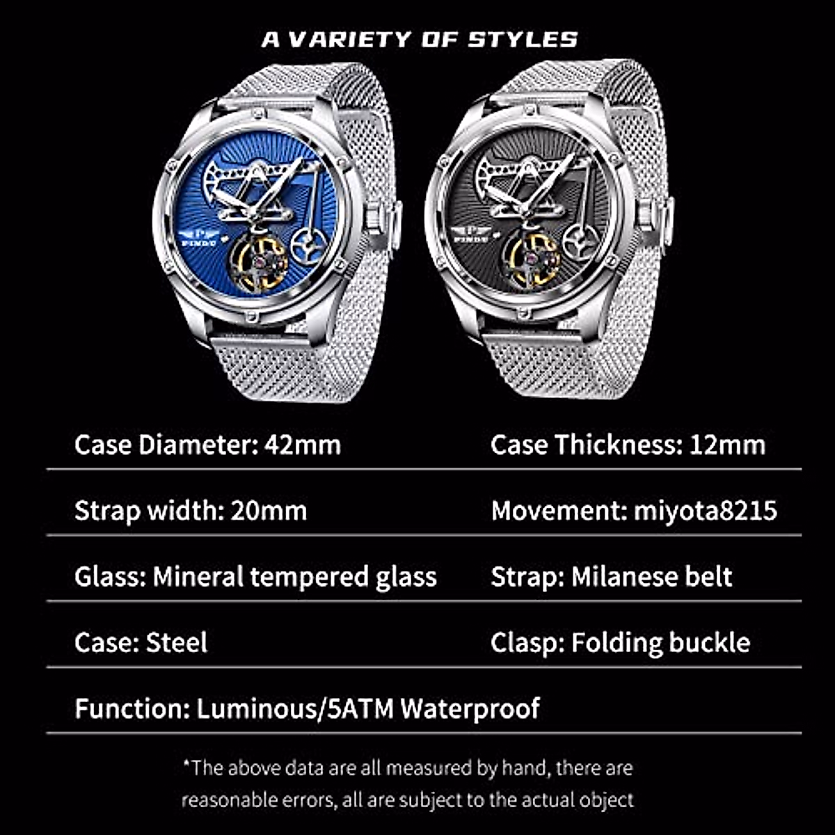 PINDU Automatic Watches for Men, Self-Designed and Modified 8215 Movement Oil Well Digging Design 50M Waterproof Analogue Watches Mens Unique Cool Mechanical Watch (Black Dial Silver Mesh Strap)