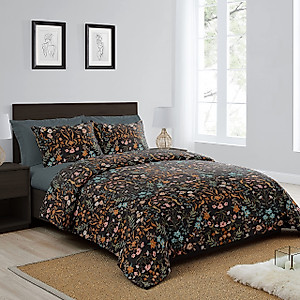 Sweet Jojo Designs Boho Bohemian Farmhouse Black and Orange Wildflower Garden Floral Duvet Comforter Cover and Sham 3pc King Size Bed Bedding Set Bedroom Botanical Cottagecore Flower Vintage Turquoise