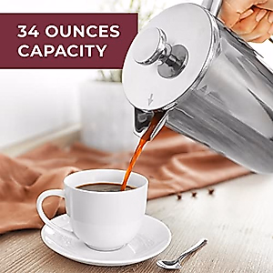 Mueller French Press Double Insulated 304 Stainless Steel Coffee Maker 4 Level Filtration System, No Coffee Grounds, Rust-Free, Dishwasher Safe