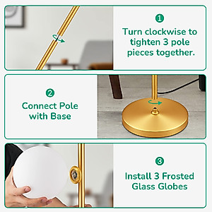 EDISHINE 69in Gold Modern Floor Lamp for Living Room, Upgraded Dimmable 3 Globe Mid Century Standing Lamps, Built-in LED, Frosted Glass Shade, Luna Tall Pole Lamp for Bedroom, Hotel -Antique Brass