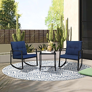 SUNCROWN 3-Piece Outdoor Rocking Chairs Patio Bistro Set Patio Black Wicker Chairs with Glass Coffee Table, Dark Blue Cushion