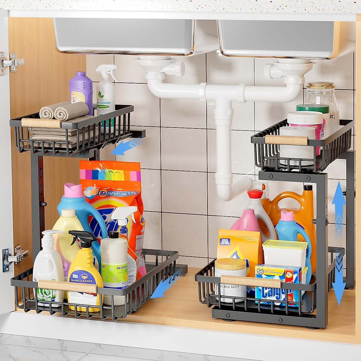 2 Pack Under Sink Organizer, Metal Slide out Sink Shelf Pull Out Cabinet Organizer Shelf, Kitchen Bathroom Organizers and Storage Metal Sliding Drawer, Multi-Purpose Storage for Home,Laundry Room