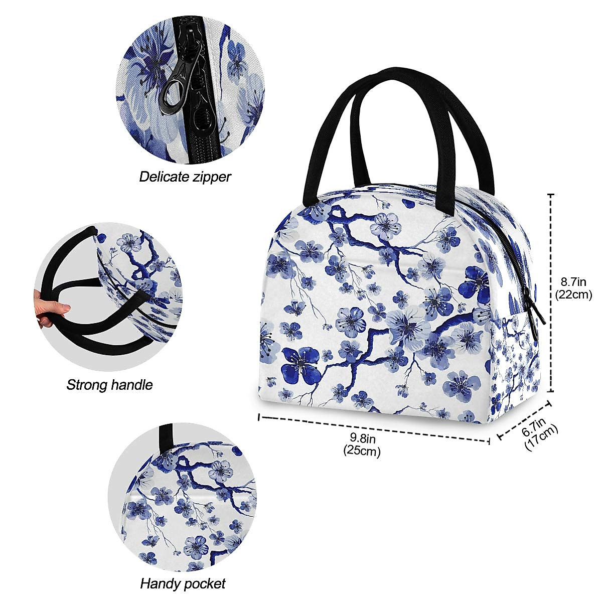 AUUXVA Lunch Bag Cherry Blossom Lunch Box Ice Cooler Insulated Portable Zipper Tote Handbag for Men Women Boys Girls