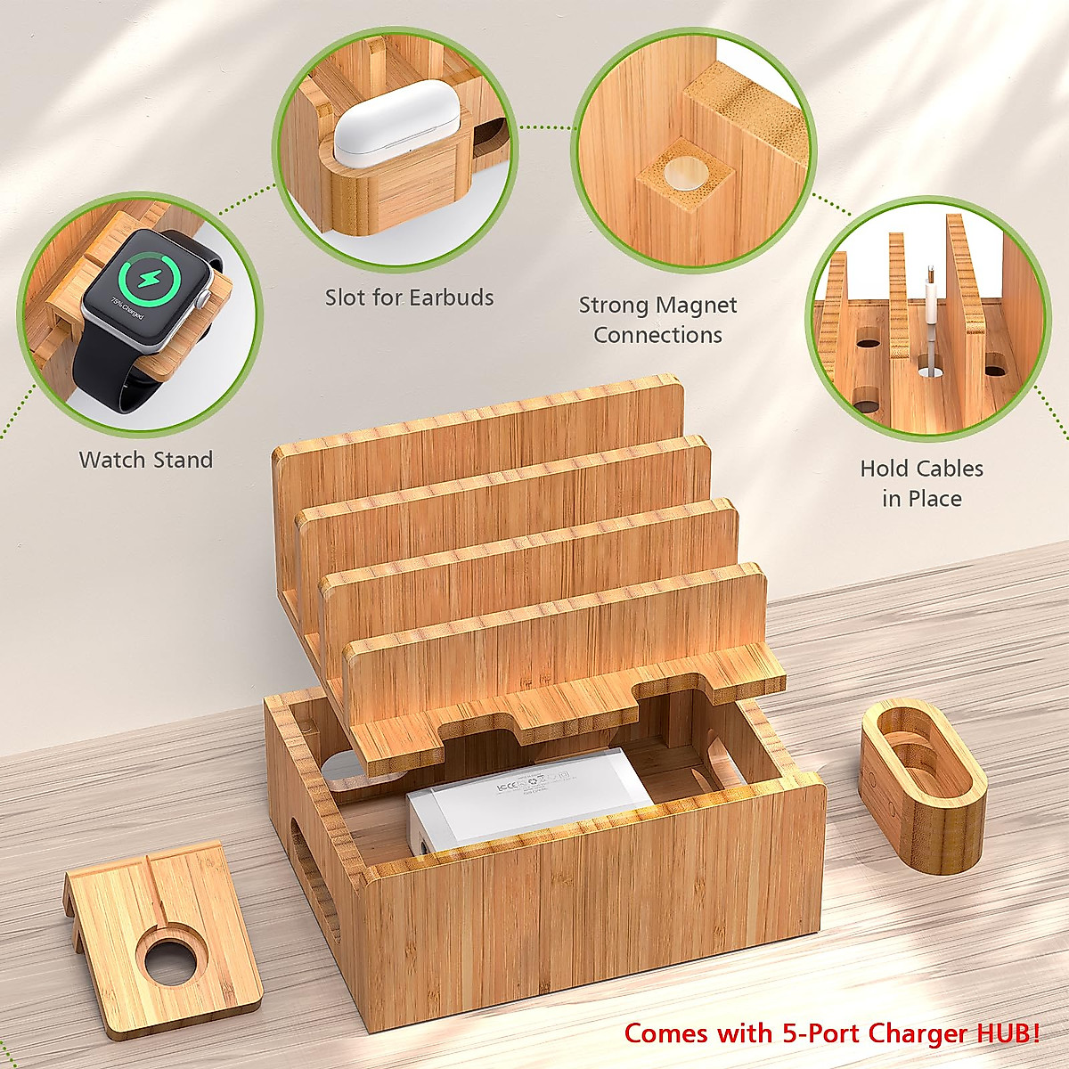 Pezin & Hulin Bamboo Charging Station for Multiple Devices with 5 Port USB Charger, 5 Cables, Watch&Earbuds Stand, Electronic Device Desktop Organizer for Cellphone, Tablet, Watch, Earbuds