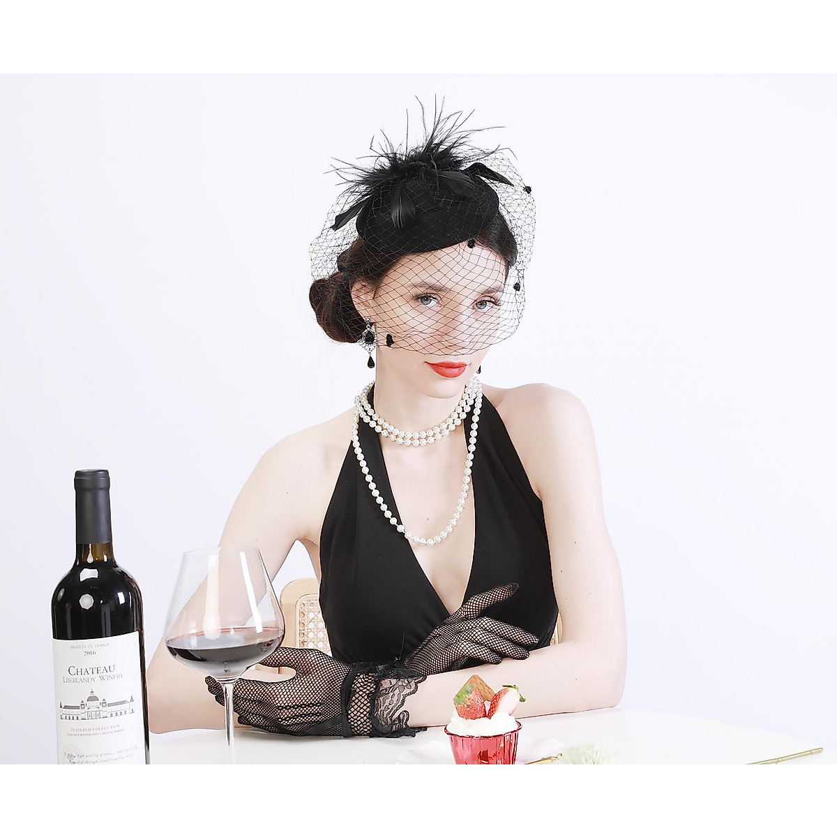 Diwlolido Fascinators Hats Pillbox Hat Cocktail Tea Party Feather Hair Clip Wedding Headwear with Veil for Women and Girls (Feather Black Set)