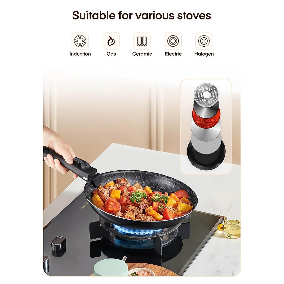 FOHERE 8pcs Pots and Pans Set with 2 Detachable Handles, Aluminum Nonstick Cookware Set, Induction Pan Set, RV Cookware Set, Oven Safe, Stackable