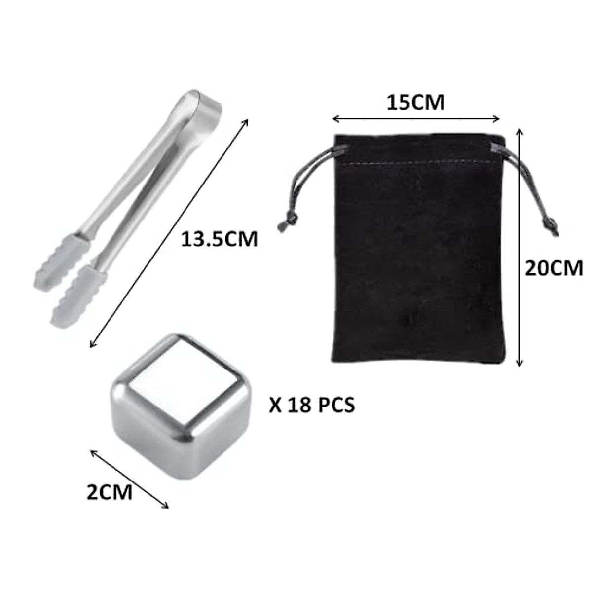 Kellegour 18 PCS Stainless Steel Ice Cubes,Metal Ice Cube,und Velvet Bags+1 Nonslip Ice Tong,Cooling Whisky Rocks,Stainless Steel Whiskey Rocks,For Whiskey,Vodka,Liqueurs,Wine,Beverage Juice or Soda