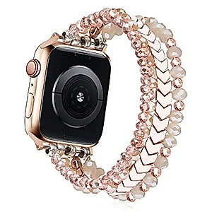 MOFREE Beaded Bracelet Compatible for Apple Watch Band 40mm/38mm/41mm Series 8/7/SE/6/5/4/3/2/1 Women Fashion Handmade Elastic Stretch Strap for iWatch Bands Replacement Rose Gold