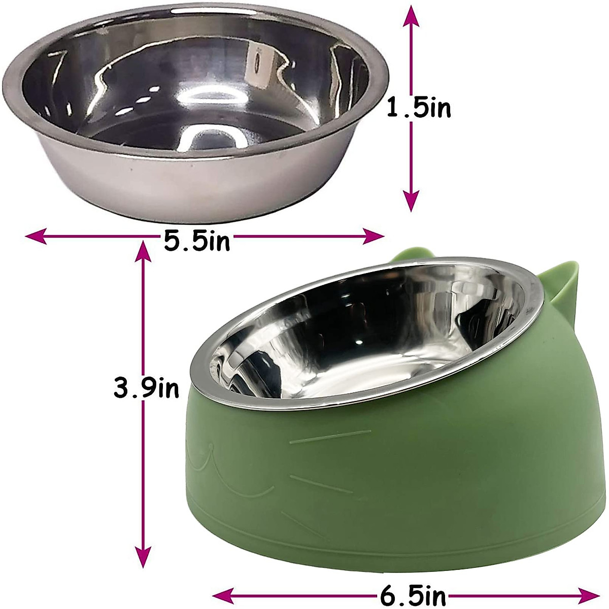PINVNBY 2PCS Raised Cat Bowl Tilted 15° Slanted Elevated Bulldog Feeder Non-Spill Dog Kitten Food Dish Anti-Slip Detachable Pet Stainless Steel Slope Base for Small Pets Blue&Green