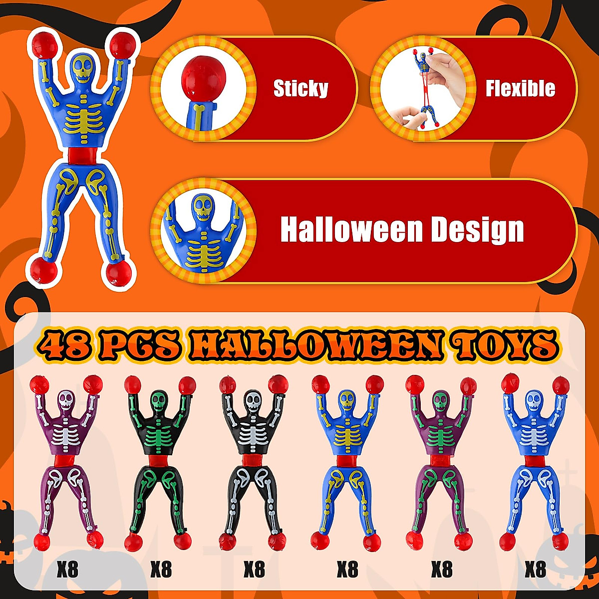 48Pcs Halloween Party Favors for Kids, Halloween Party Favors Bulk with Sticky Toys,Stretchy Sticky Toys for Halloween Bags Party Favors, Halloween Goodie Bag Fillers Trick or Treat Toys for Kids