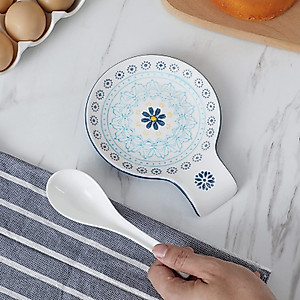 Magclay Hand Painted Spoon Rest, 5.5" Ceramic Spoon Holder for Stove Top and Kitchen Counter, Blue Pattern Utensil Rest, Great Cooking Gifts for Friends, Modern Kitchen Decorative