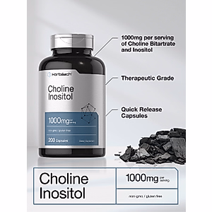 Horbaach Choline Inositol 1000mg Supplement | 200 Capsules | Non-GMO, Gluten Free
