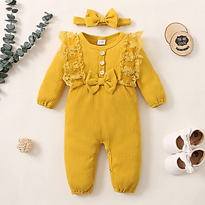 SOLOYEE 0-3 Months Baby Girl Clothes Cute Long Sleeve One Piece Infant Romper with Headband