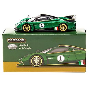 Pagani Huayra R #1 Verde Trifoglio Green Metallic w/Black Top and Gold Stripes Global64 Series 1/64 Diecast Model Car by Tarmac Works T64G-TL035-GR