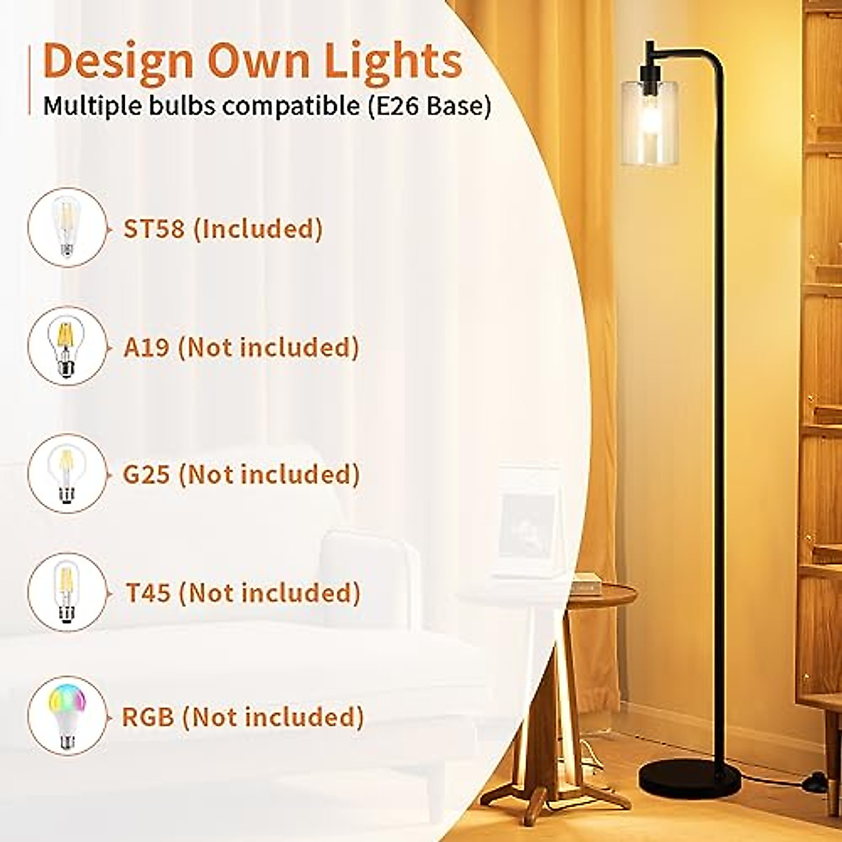 Ziisee Floor Lamps for Living Room - Standing Lamp with Glass Lampshade, Modern Floor Lamp with LED Bulbs, Bright Industrial Floor Lamp for Bedroom, Black Tall Lamp for Office(Light Bulb Included)