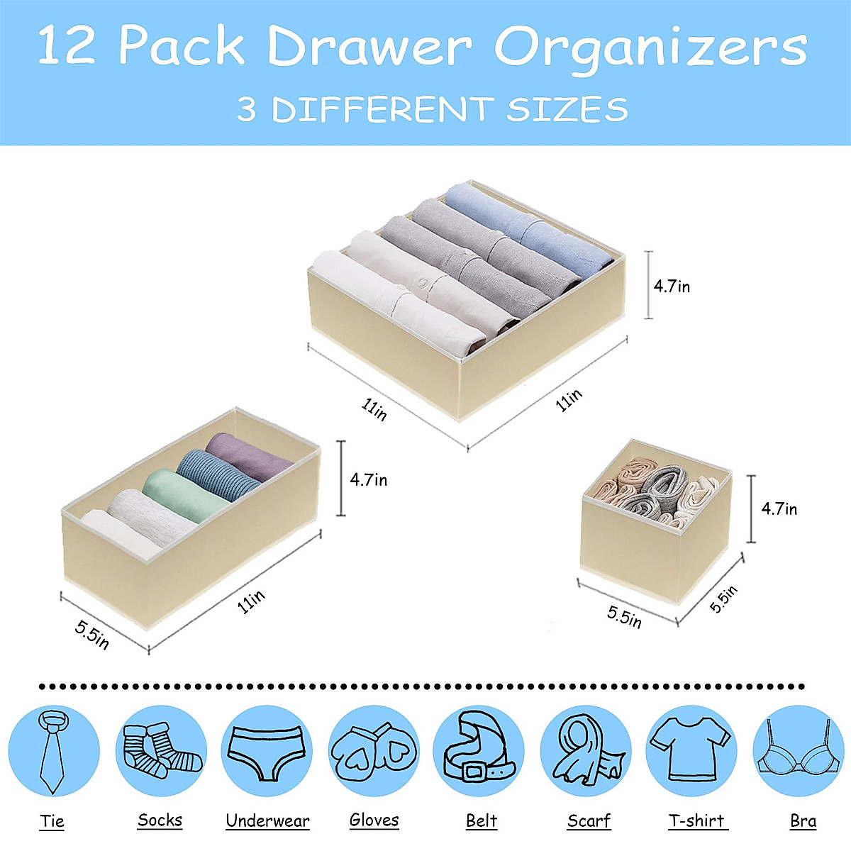 MANCHUANG 12 Pack Drawer Organizers, Drawer Dividers Storage Bins,Dresser Closet Organizers Foldable Storage Bins for Clothes,Underwear,Socks,Bra,Towels,Ties (Beige)