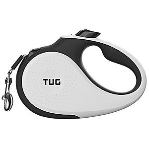TUG 360° Tangle-Free Retractable Dog Leash | 16 ft Strong Nylon Tape | One-Handed Brake, Pause, Lock (Medium, White)