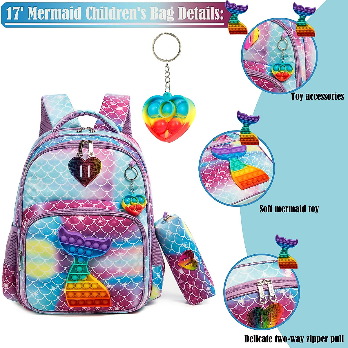 Egchescebo Girls Mermaid Toy backpack School Bookbag for Girls Kids Bling Elementary Backpacks 17" 3PCS Toddler with Lunch Box Girls Bookbag Unicorn Bags Blue