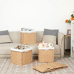 Bidtakay Wicker Storage Baskets with Liners 11x11 Storage Cube Bins with Handles Imitation Water Hyacinth 4-Pack Waterproof Woven Storage Baskets for Organizing Rattan Baskets Organizer-Natural