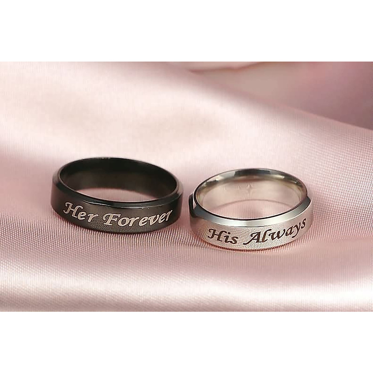 Homxi Promise Rings Engravable Couple Rings Wedding Bands,Stainless Steel Promise Rings Black Silver Ring with 6MM Her Forever His Always Rings Couples Size Women 8 + Men 8