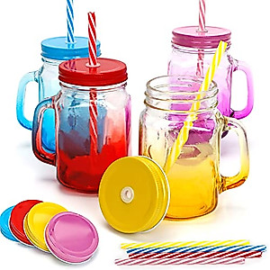 QUIENKITCH 16OZ Mason Jar with Lid and Straw, Set of 4 Colored Mason Jar Drinking Glasses Mason Jar Cups with Handle for Iced Coffee Large Pearl Juices Cocktail