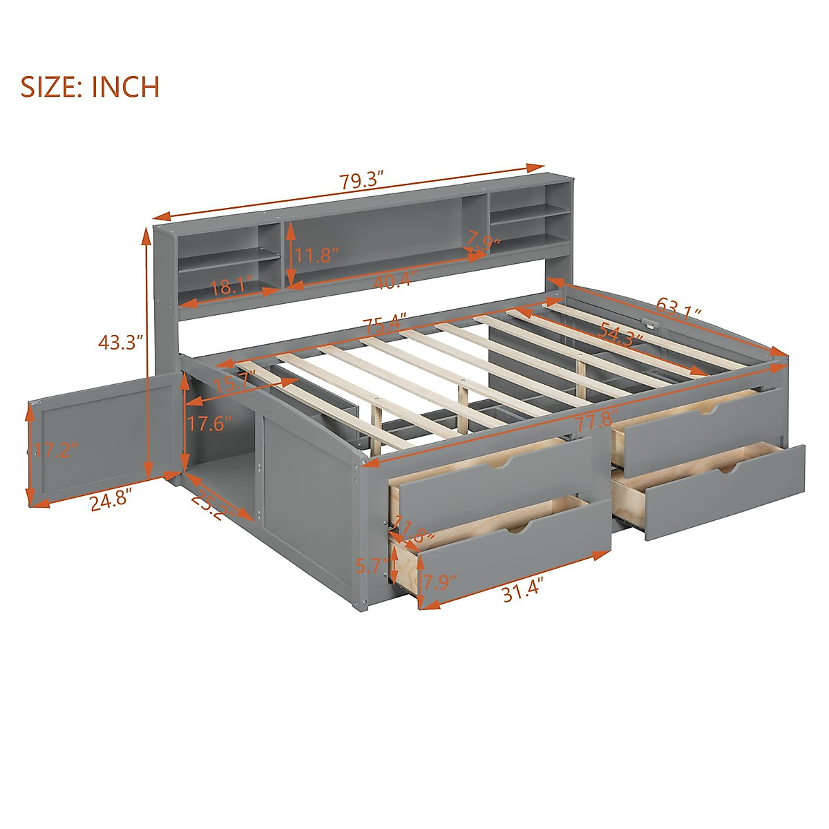 DNChuan Full Size Daybed with Storage Drawers and Bookshelf Headboard,Captains Bed and Underneath 2 Cabinets for Kids Boys Adults Girls,Gray