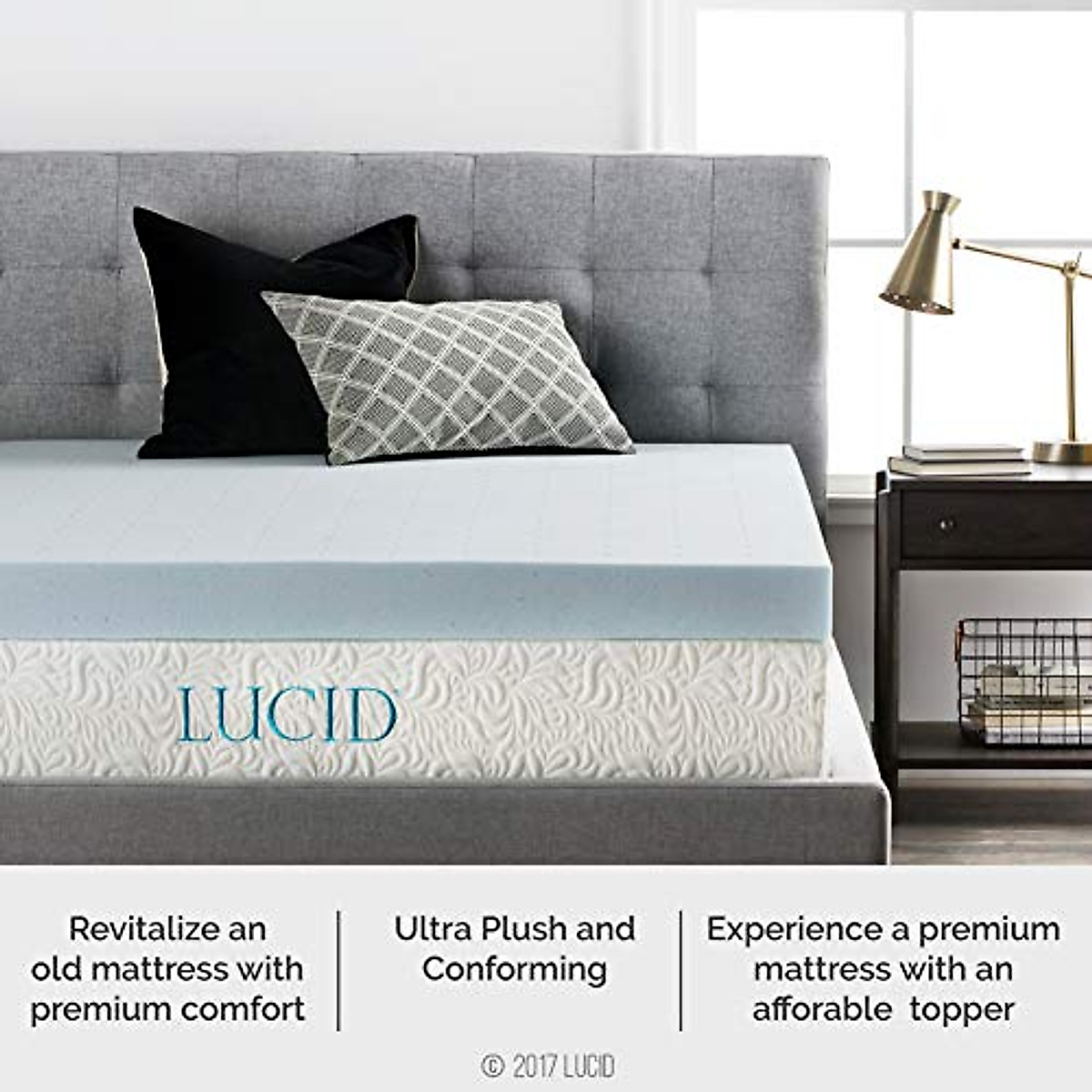 LUCID 4 Inch Gel Memory Foam Mattress Topper-Ventilated Design-Ultra Plush-King, Blue & Premium Rayon from Bamboo Jersey Mattress Protector - Ultra Soft - Waterproof - King