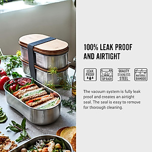 BLACK + BLUM Stainless Steel Bento Box | Plastic Free, Leak-Proof, 2-Compartment Lunch Box with Travel Fork and Bamboo Chopping Board Lid for Packing Healthy and Delicious Food | 34 oz / 1000 ml