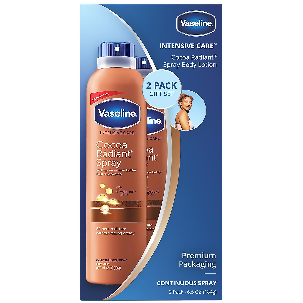 Vaseline Cocoa Radiant Spray 2-Pack for Dry Skin + Vaseline Lip Therapy Cocoa Butter Lip Balm (3 Piece Set)