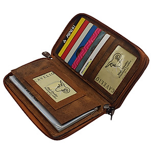 Cavelio Leather Wallets for Women RFID Blocking Double Zip Around Credit Card Holder Phone Clutch (Tan)