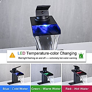 ZORIOU Waterfall Bathroom Sink Faucet, Cold and Hot Water Temperature Sensitive, Wide Spout Basin Modern Faucet with 3 Colors Changes (Matte Black)