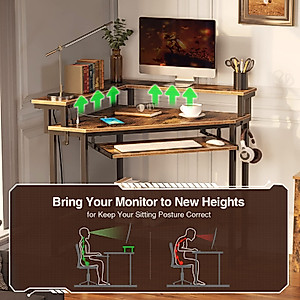 Rolanstar Corner Desk, 44.5" W x 34.5" H Small Computer Desk with Power Outlets, Gaming Desk with LED Lights, Triangle Corner Desk with Keyboard Tray & Monitor Stand for Small Space, Rustic Brown