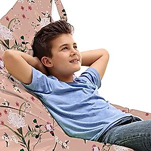 Ambesonne Vintage Lounger Chair Bag, Oriental Garden with Birds on Floral Branches Blooming Garden Art, High Capacity Storage with Handle Container, Lounger Size, Pale Salmon Multicolor