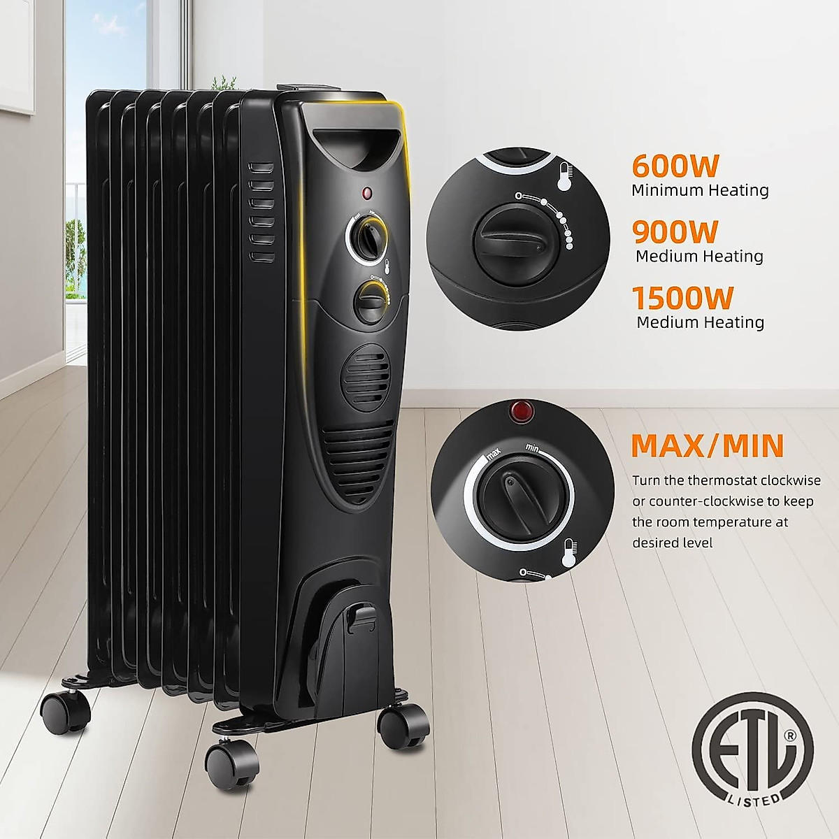 R.W.FLAME Oil Filled Radiator Heater - 3 Heat Settings, Adjustable Thermostat, Quiet and Portable Space Heater with Tip-over & Overheating Functions (27", Black)