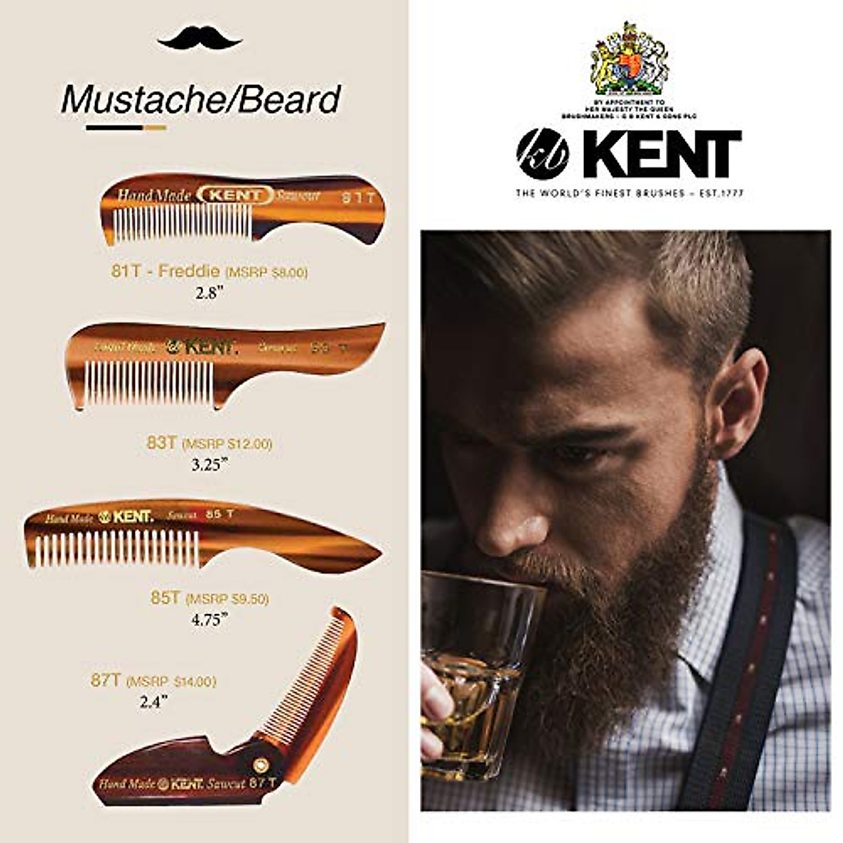 Kent A 81T (2.8") Pocket Comb & Beard Comb for Mustache and Beard - Travel Kit Beard Comb for Grooming/Beard Care - Fine Tooth Comb Mustache Comb Kent Comb for Mustache Kit Beard Grooming Styling Comb