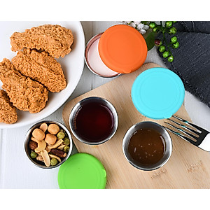 Victhur Salad Dressing Container To Go, 6 Pieces 2.4oz 304 Stainless Steel Sauce Containers with Silicone Lids for Snacks, Dipping Sauce