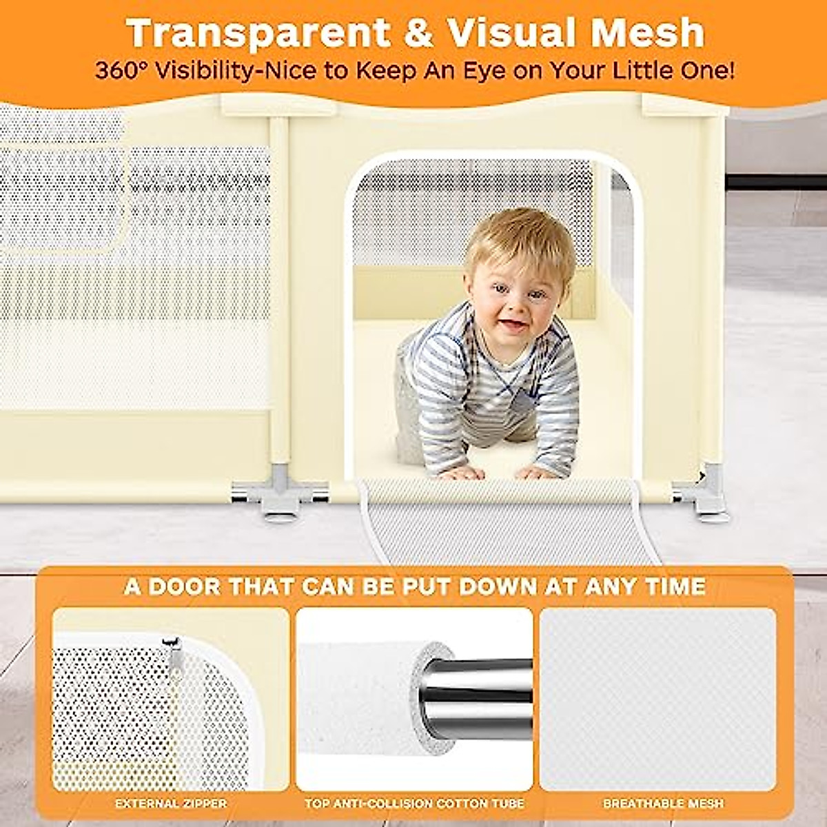 ZESHWER Baby Playpen with Gate, Play Pens for Babies and Toddlers, Play Yard for Baby, 50"x50" Baby Fence, Activity Center for Baby, Sturdy Safety Playpen with Anti-Slip Base, Beige